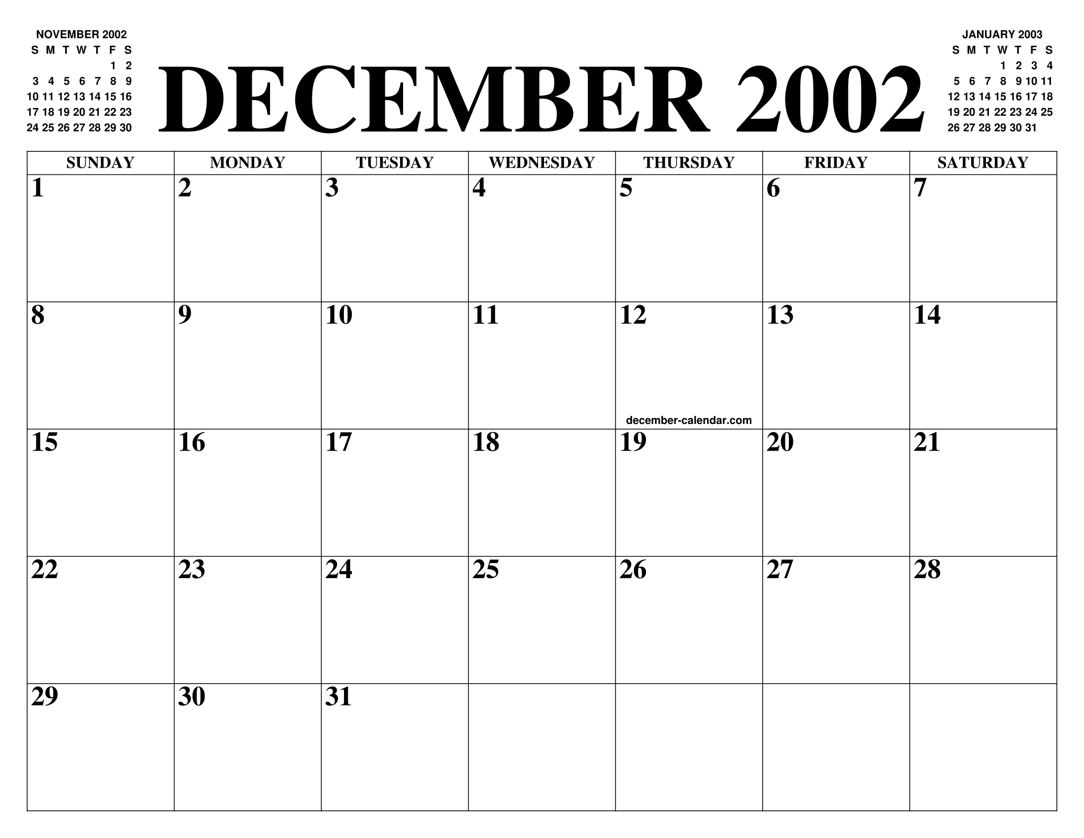DECEMBER 2002 CALENDAR OF THE MONTH FREE PRINTABLE DECEMBER CALENDAR
